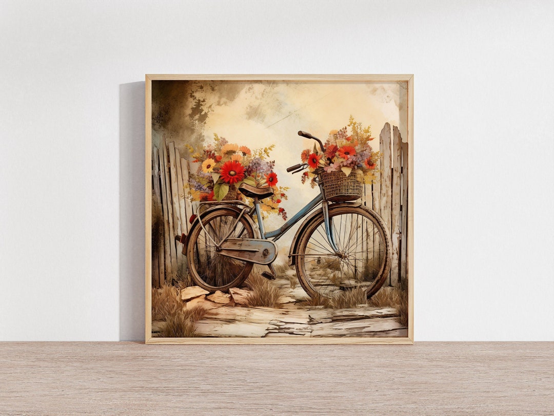 Vintage Bike and Flowers Wall Art II, Square Printable, Digital ...