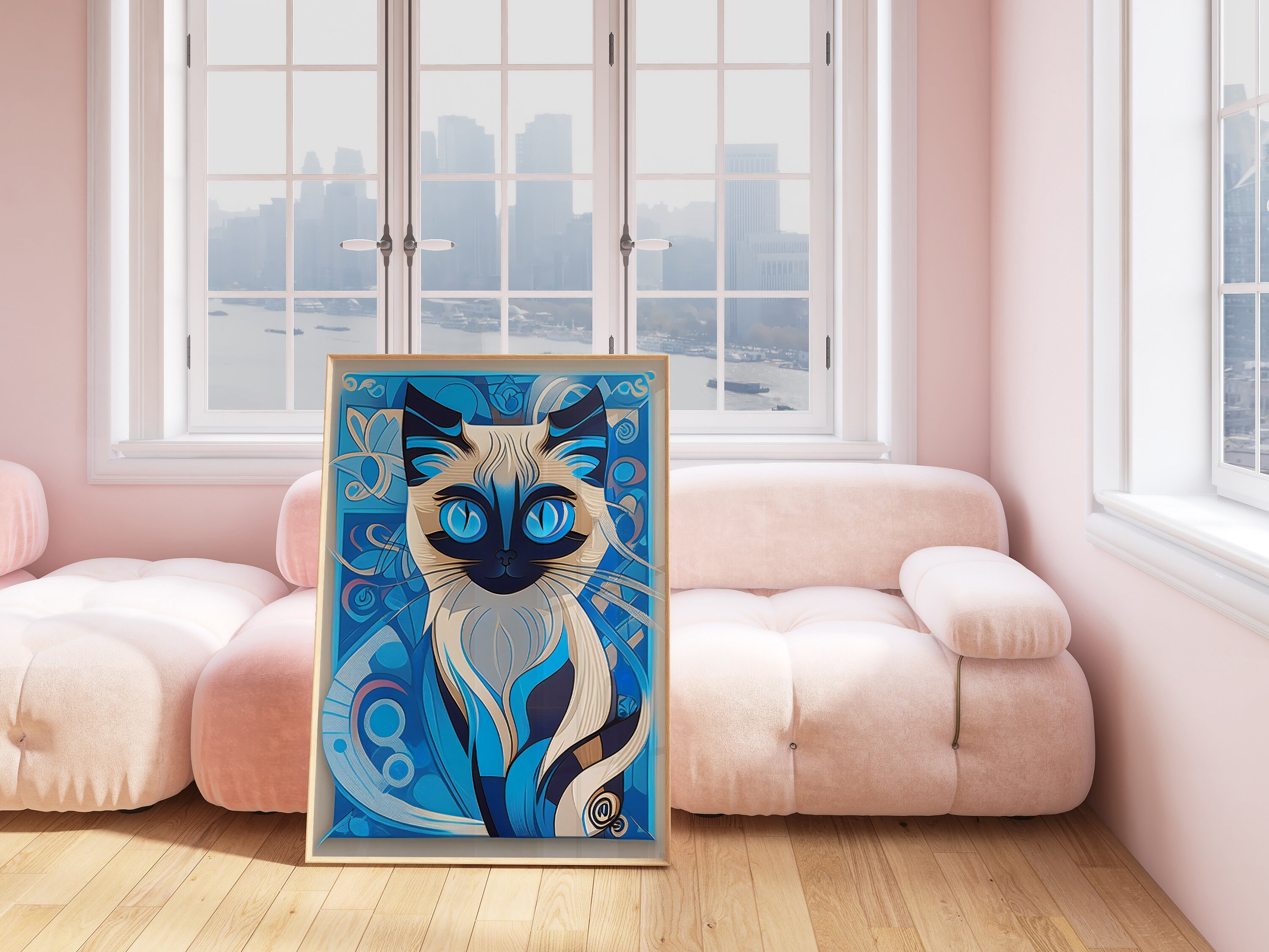 Blue Retro Cat Wall Art, Siamese Cats Illustration, Digital Download ...