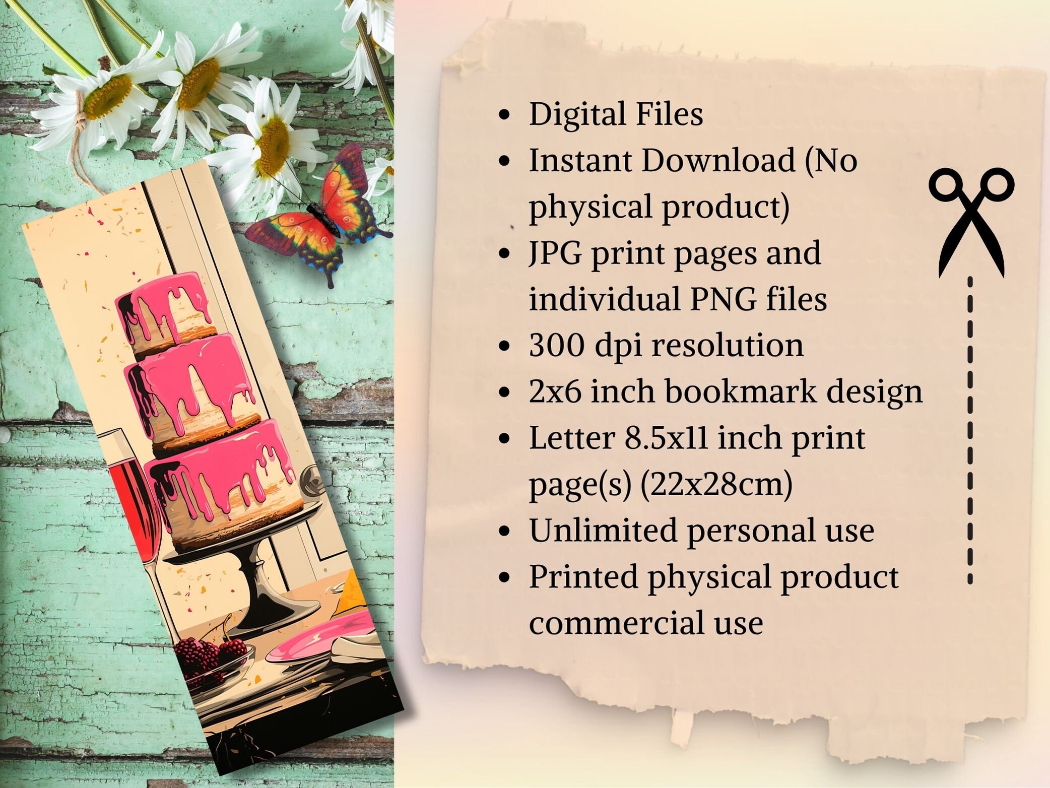 Cake Printable Bookmarks: 5 Pieces, Pink Beige Dessert Digital Collage ...