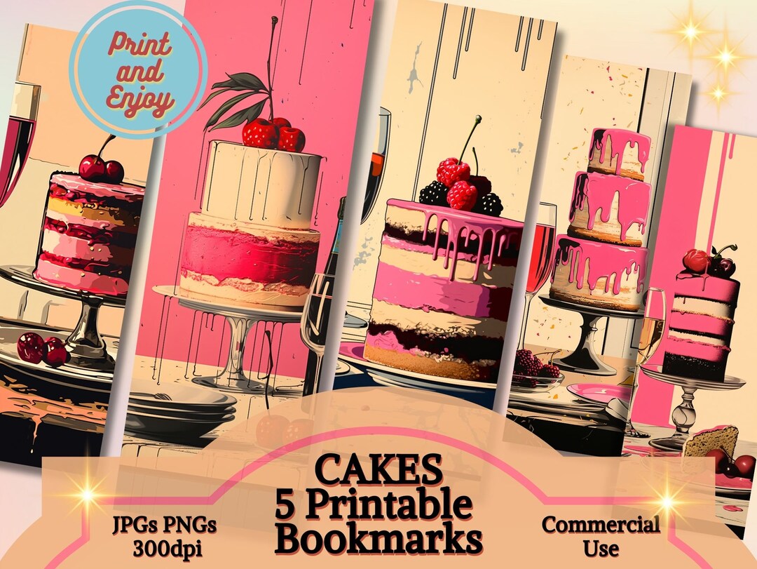 Cake Printable Bookmarks: 5 Pieces, Pink Beige Dessert Digital Collage ...