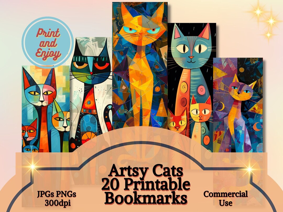 Artsy Cat Printable Bookmarks Set, 20 Pieces, Digital Collage Sheet ...