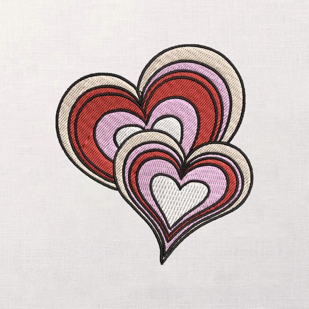 Nested Hearts Embroidery Design, Romantic Love Motif, Red Pink Cream ...