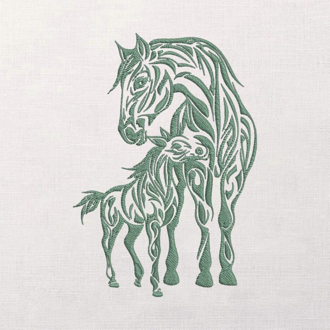 Horse and Foal Embroidery Design, Tribal Line Art Stitch, Single Color ...