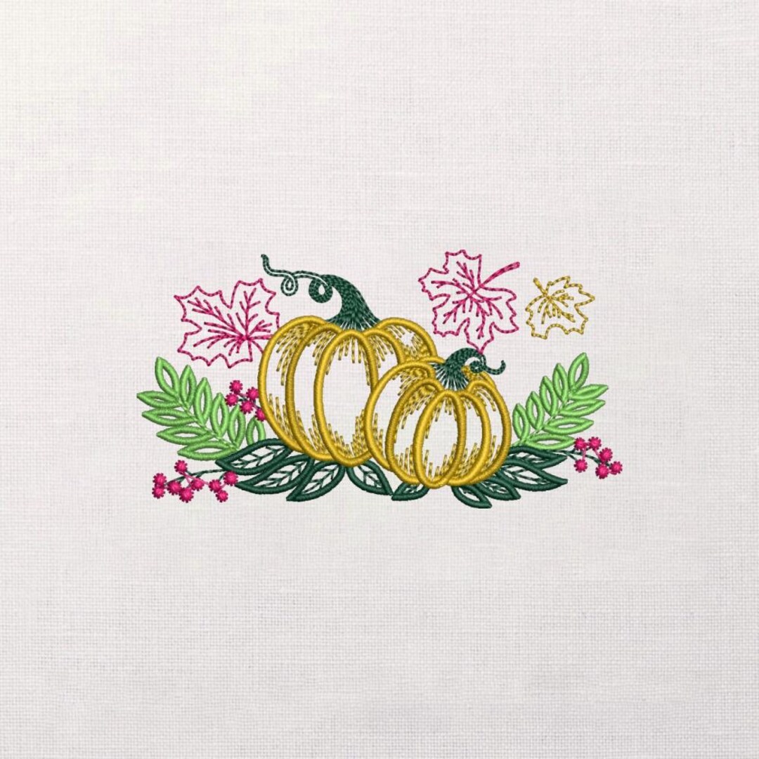 Pumpkin Harvest Embroidery Design, Leafy Fall Motif, Maple Leaf Outline ...