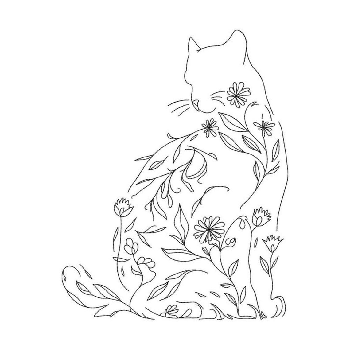 Botanical Cat Line Art Embroidery Design, Minimal Outline Kitty ...