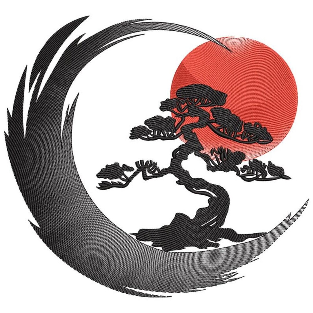 Bonsai Tree Embroidery Pattern, Japanese Enso With Rising Sun, Minimal ...