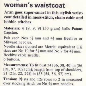 Aran Knit Vest Knitting Pattern Ladies Cable Sweater Gillet Vintage ...