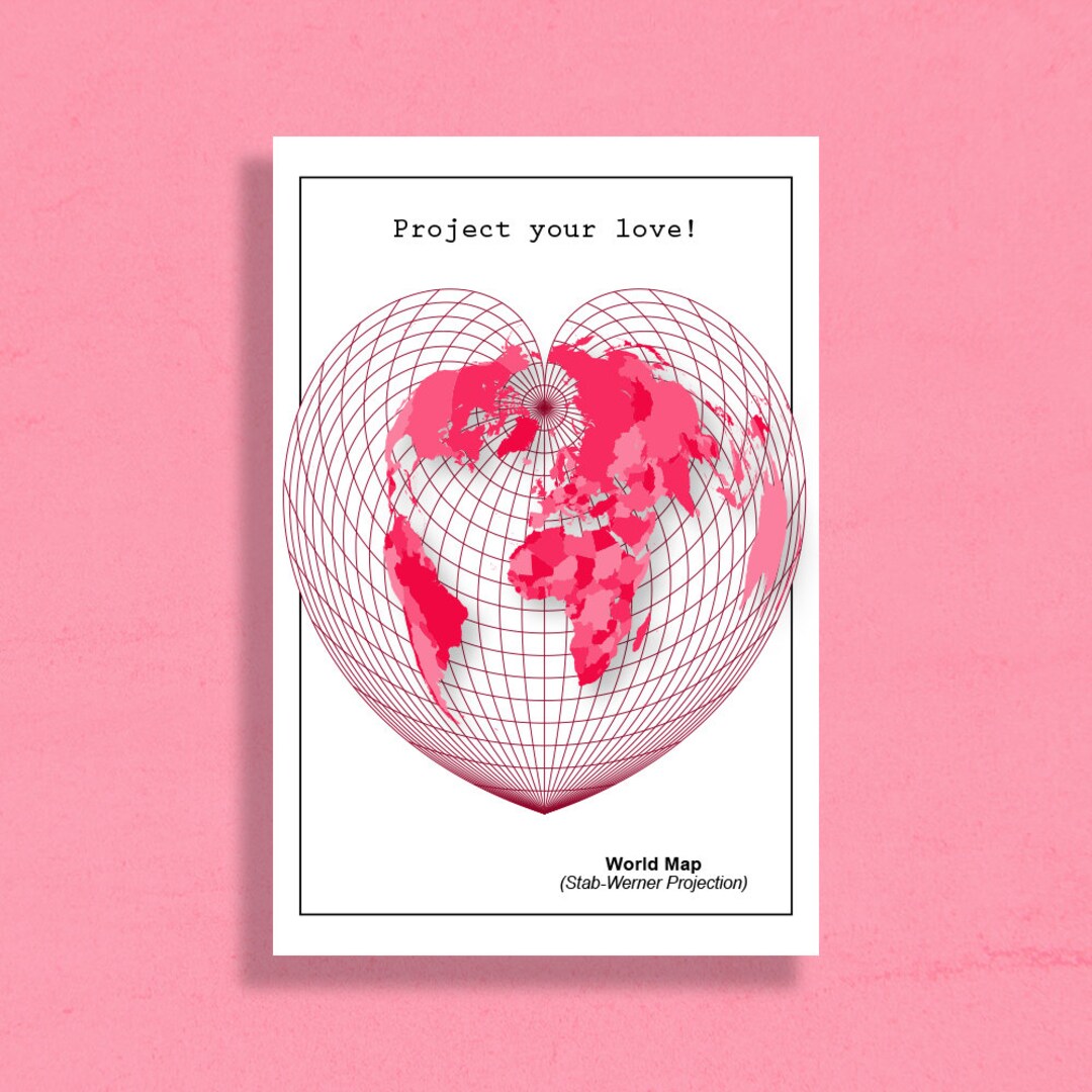 Postcard Valentine's Day world Map in Stab-werner Projection - Etsy