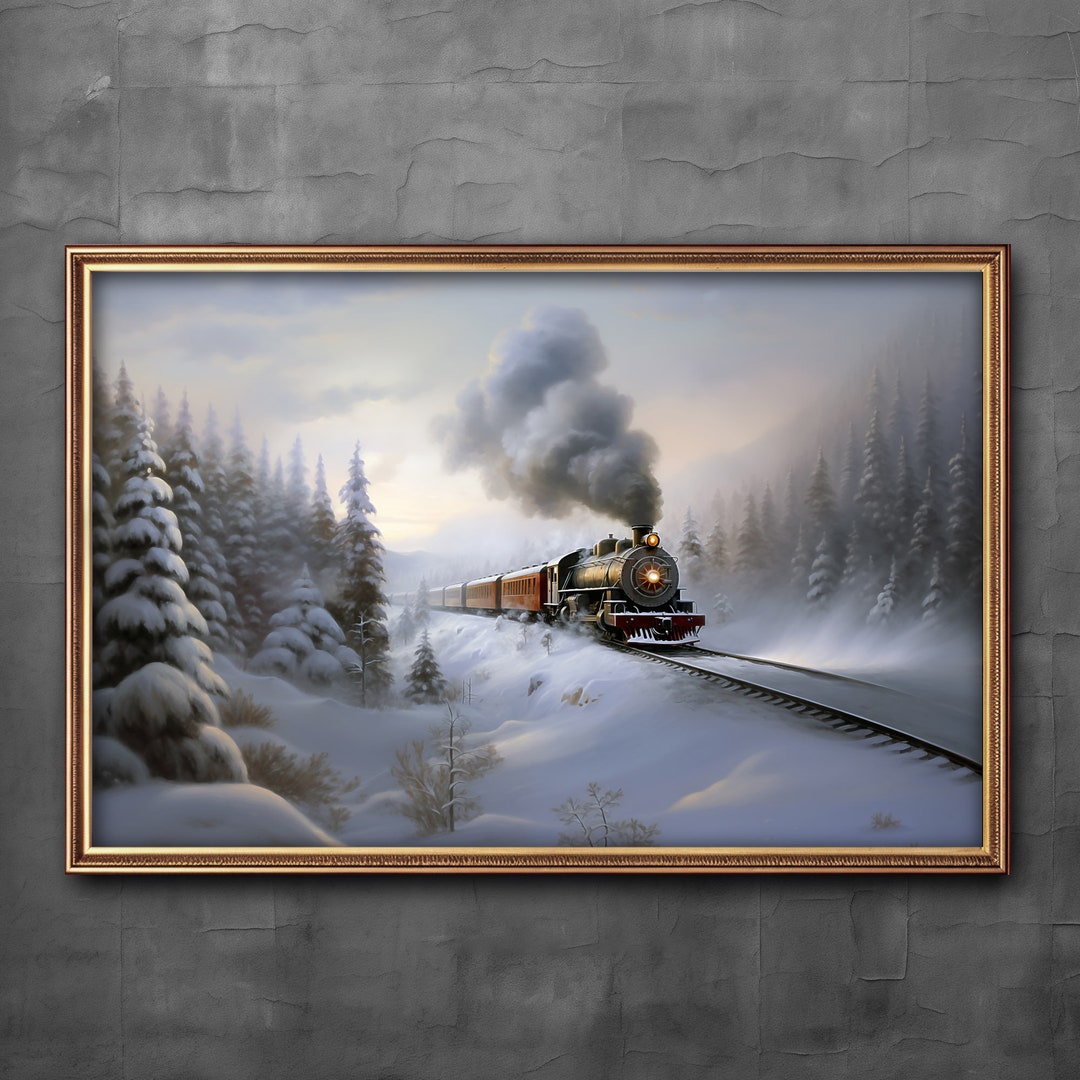 Printable Vintage Train Print, Vintage Winter Snowscape Wall Art,, Xmas ...