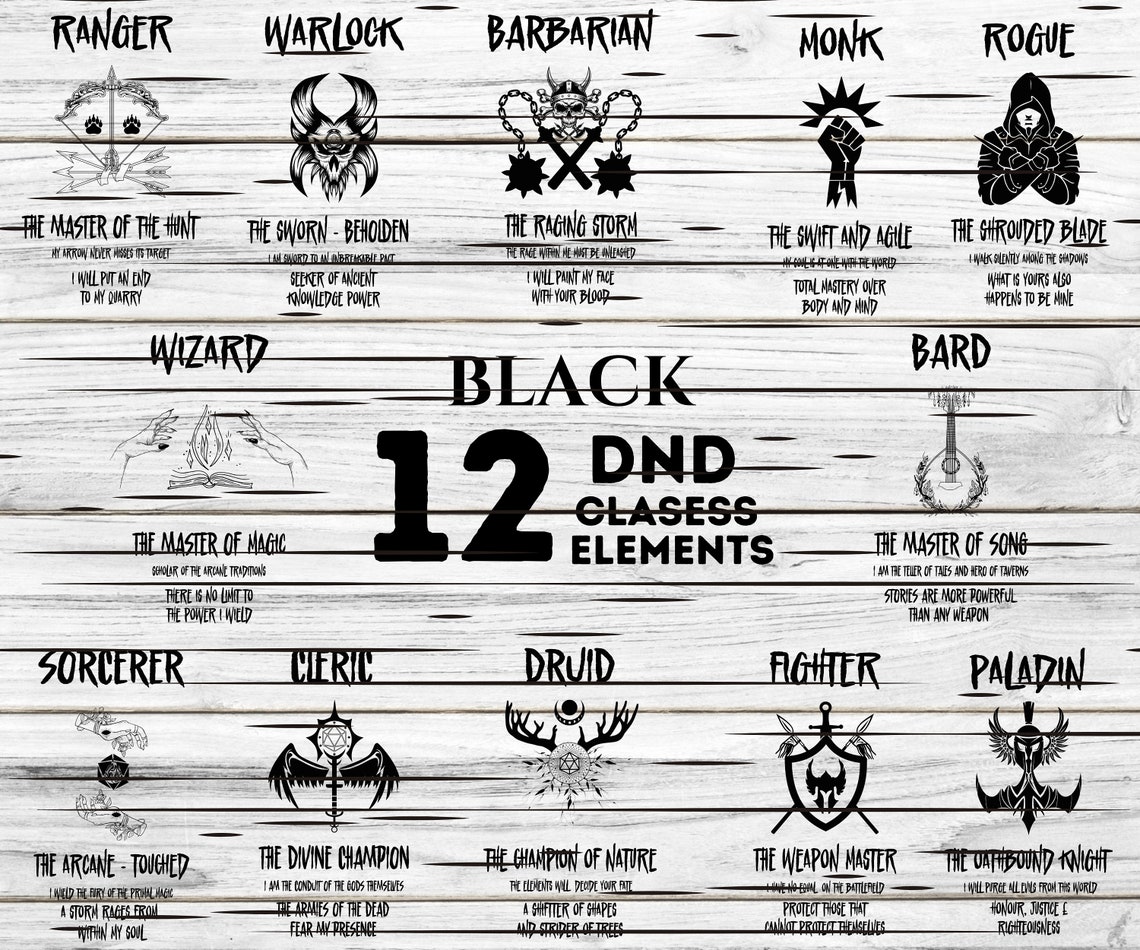 12 Black + 12 White Dungeons & Dragons Bundle Class Elements, Dnd20 Svg ...
