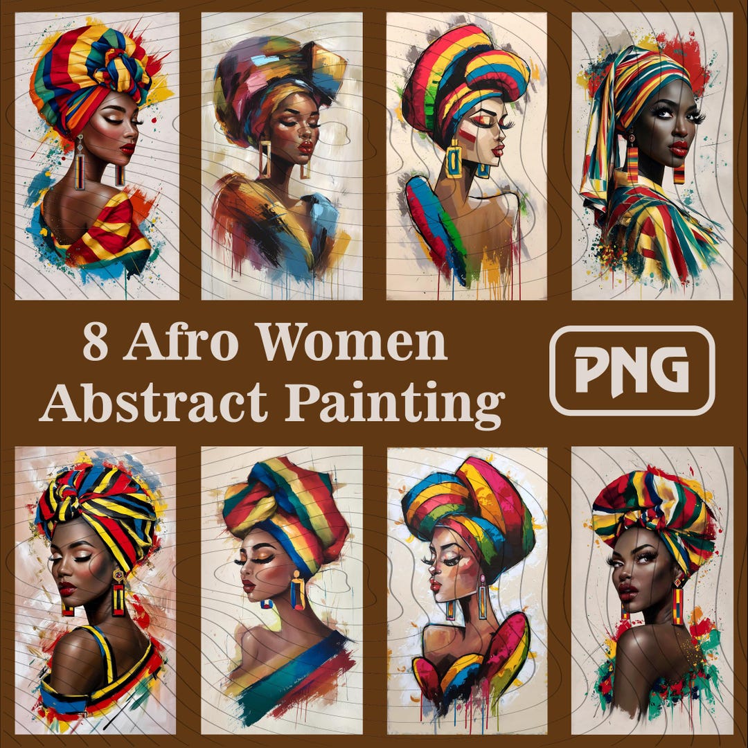 8 Abstract Afro Women Portraits Digital Art PNG Set, Colorful African ...