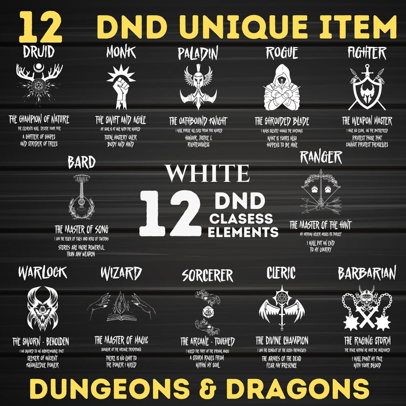 12 Black + 12 White Dungeons & Dragons Bundle Class Elements, Dnd20 Svg ...