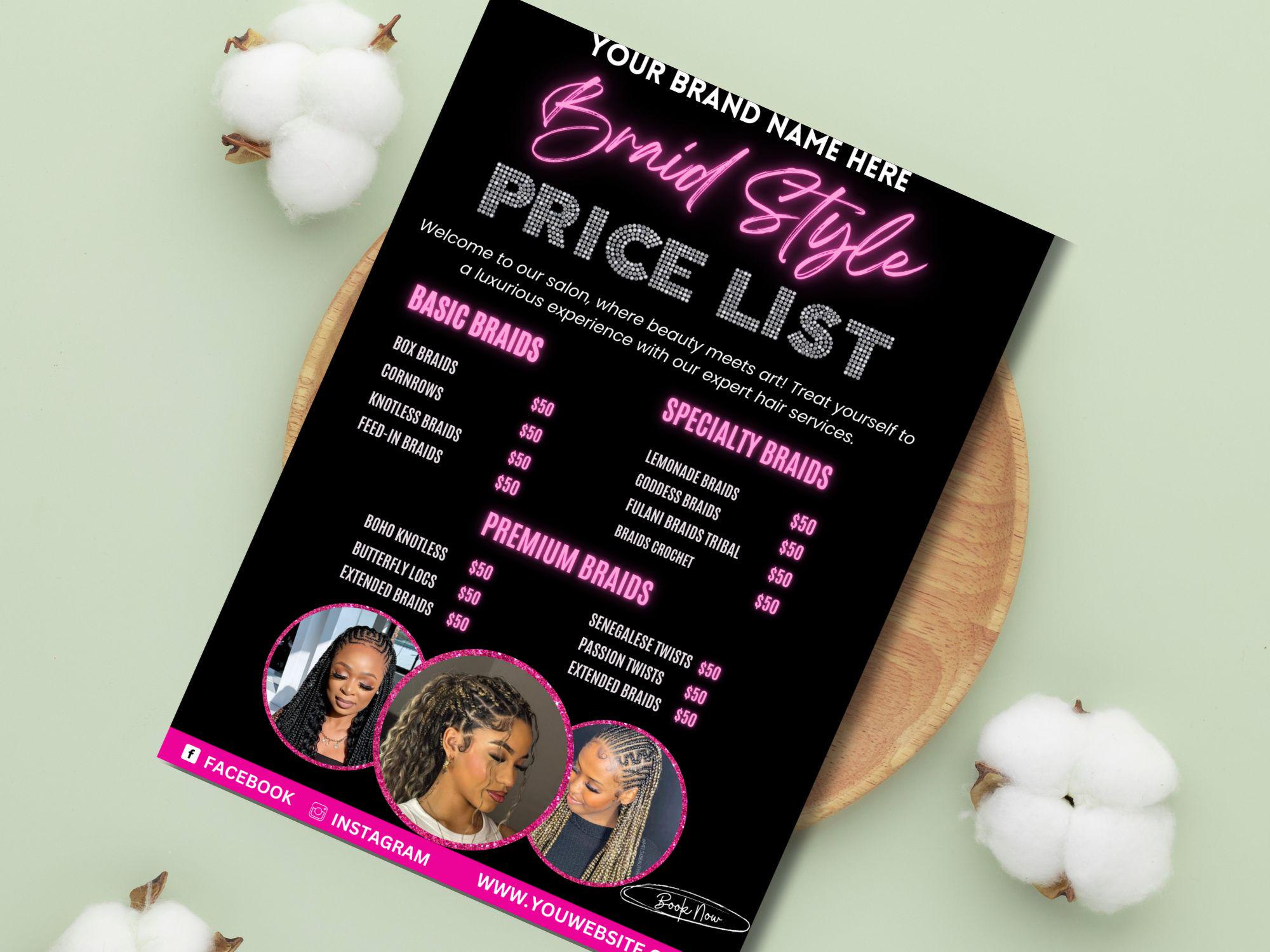 Braids Pricelist, DIY Flyer Template Design, Hair Styles Braiding Price ...