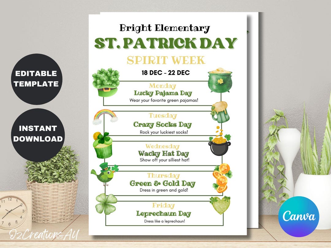 Customizable St. Patrick’s Spirit Week Flyer, March PTO Schedule, St ...