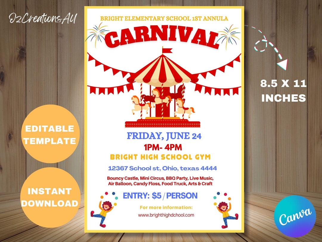 Editable Carnival Flyer & Ticket: School Fundraiser Invitation (digital ...