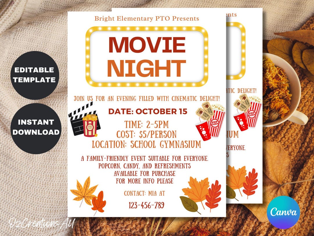 Fall Movie Night Invitation PTO Template School Autumn Fundraiser PTA ...