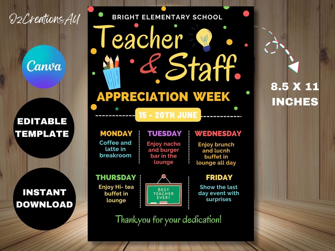 Editable Teacher Appreciation Week Itinerary Poster Teachers Staff ...