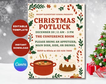 Christmas Potluck Flyer & Sign up Sheet Set | Editable Canva Template ...