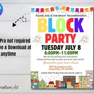 Editable Block Party Flyer & Neighborhood BBQ Invite Canva Template ...