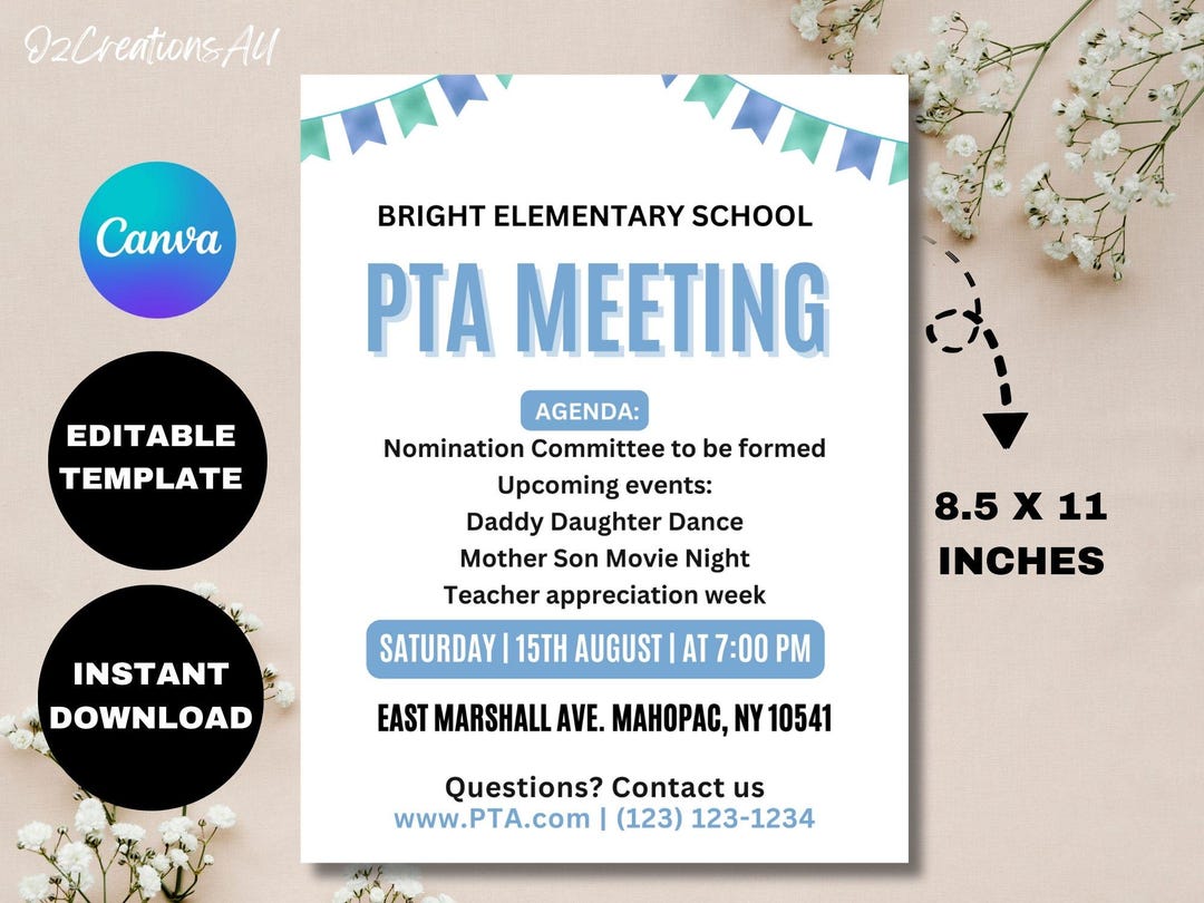 EDITABLE PTA Meeting Handout Flyer, School Fundraiser Event, Printable ...
