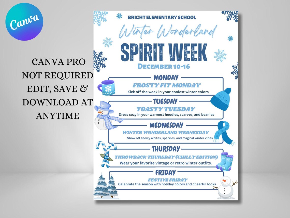 Customizable Winter School Spirit Week Flyer, Customizable Holiday ...