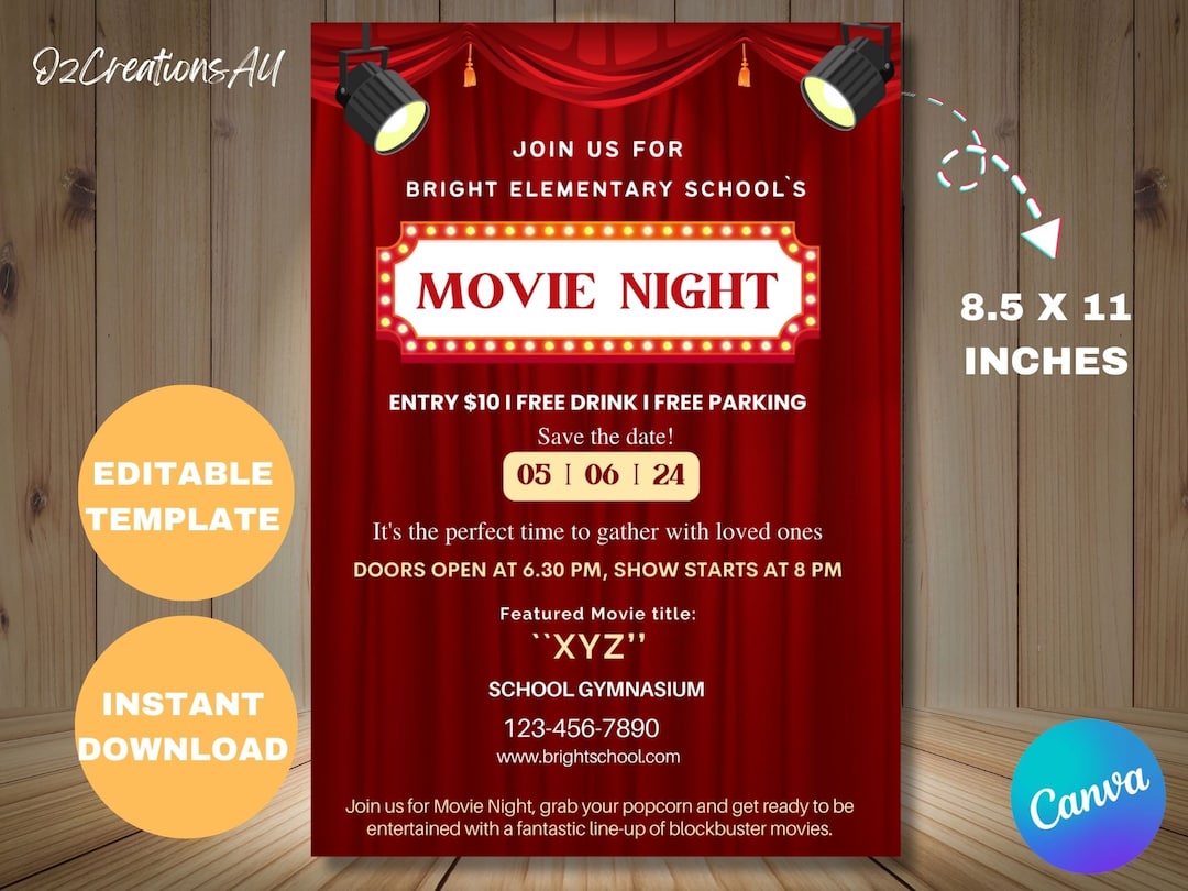 Movie Night Flyer Template: School Fundraiser PTA Event (digital ...