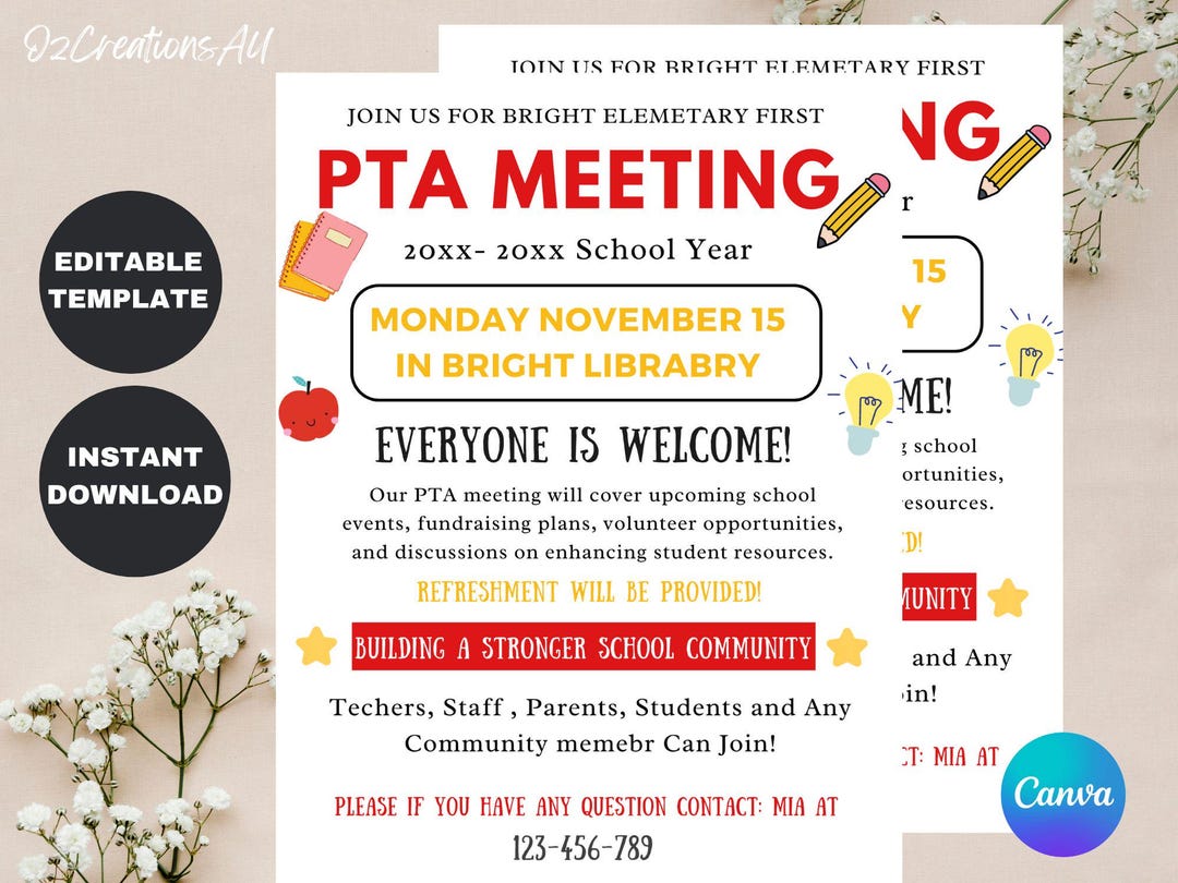 PTO PTA Meeting Flyer, Pto/pta Information Meeting Flyer, Editable ...