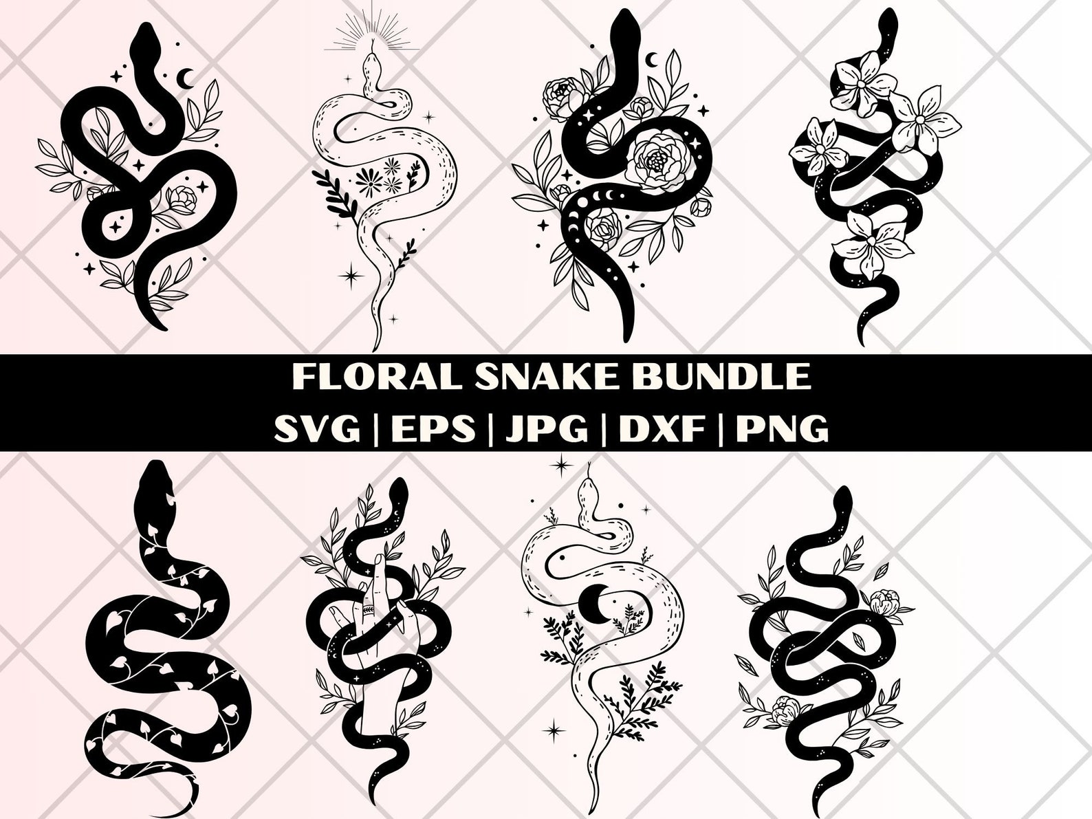 Floral Snake Svg Bundle, Celestial Snake Svg, Snake With Flowers Svg ...
