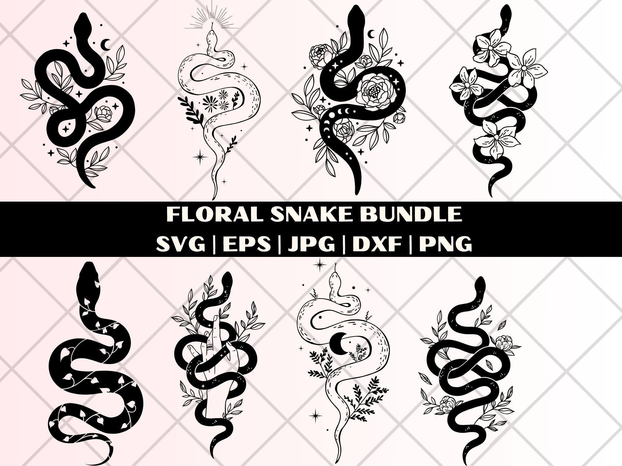 Floral Snake Svg Bundle, Celestial Snake Svg, Snake With Flowers Svg ...