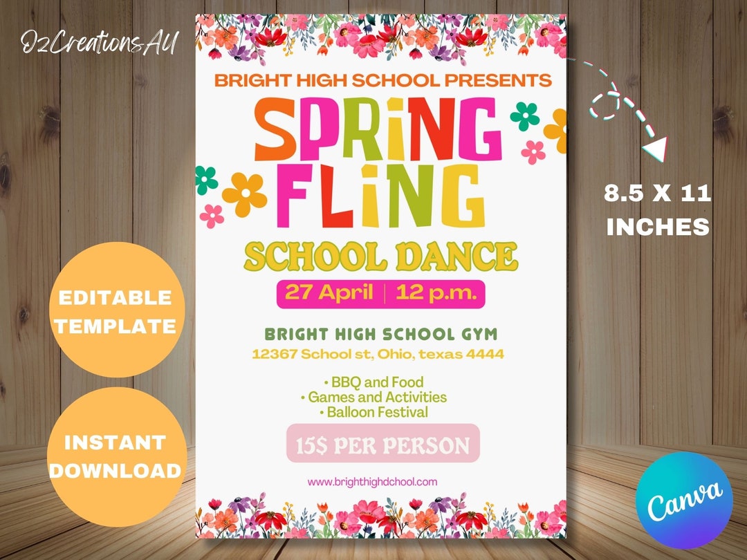 Spring Fling School Dance Flyer: Editable Event Invitation (digital ...