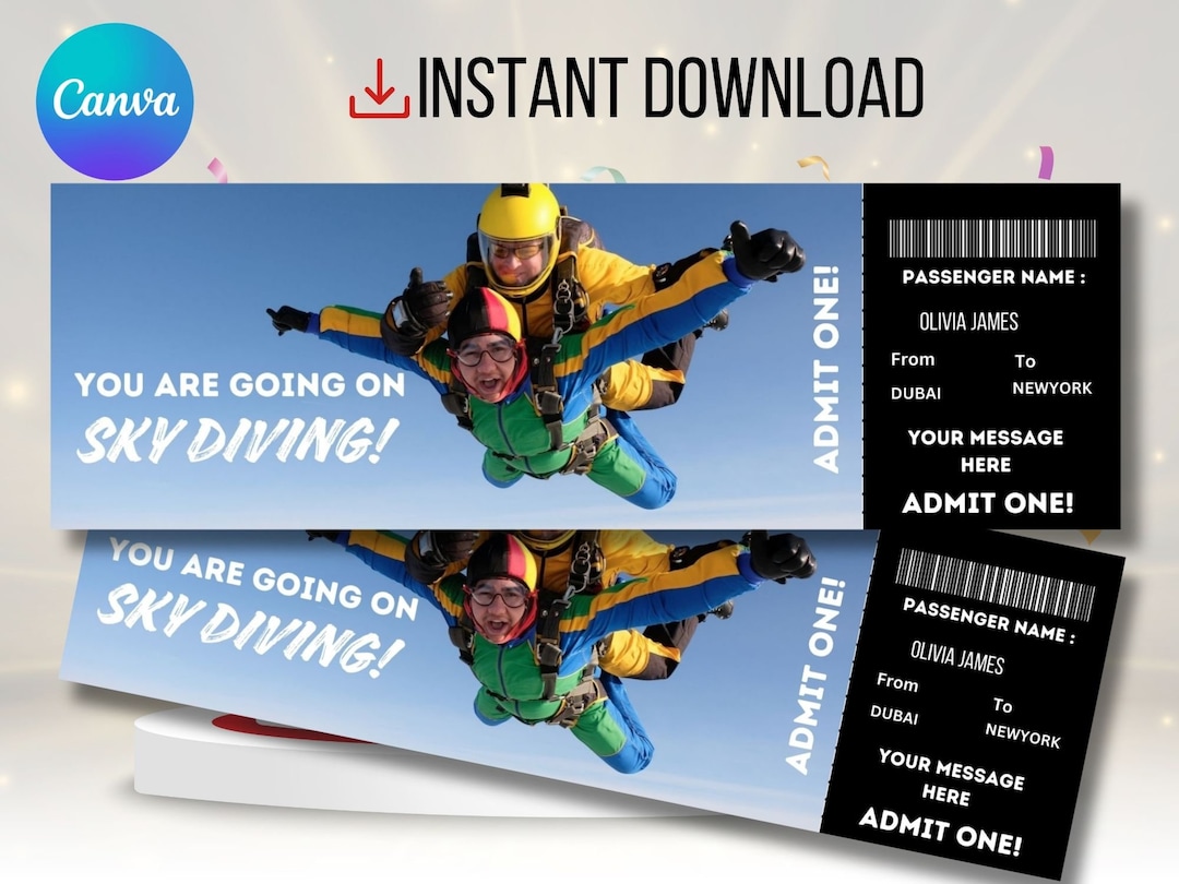 Editable Skydiving Ticket, Surprise Reveal Ticket, Gift Voucher ...