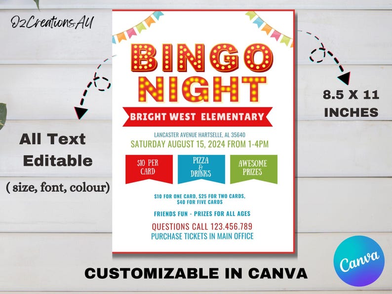 Editable Bingo Night Flyer Template: School Fundraiser Invite (digital ...