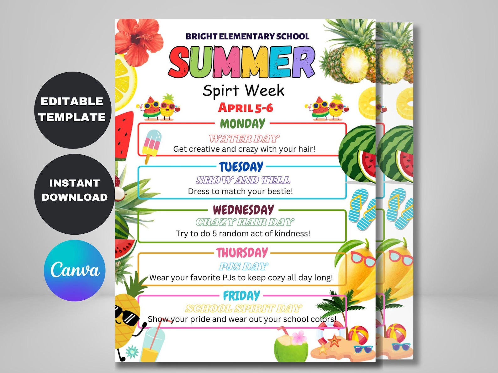Editable Summer Spirit Week Flyer Template, Printable Camp & Daycare ...