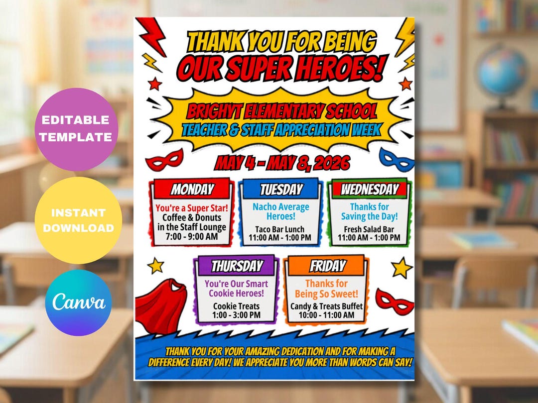 Editable Superhero Teacher Appreciation Week Flyer,week Schedule Event ...