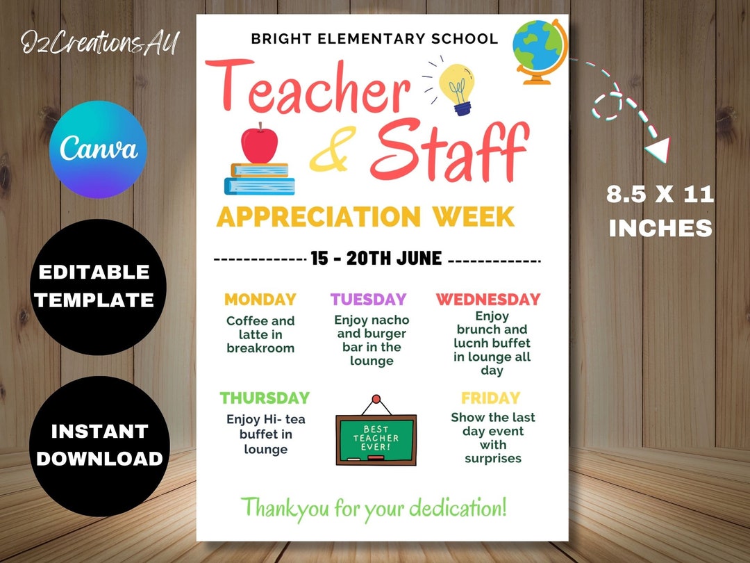 Editable Teacher and Staff Appreciation Week Flyer Itinerary Flyer ...