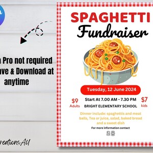 Editable Spaghetti Dinner Fundraiser Flyer Ticket, Pasta PTA PTO School ...