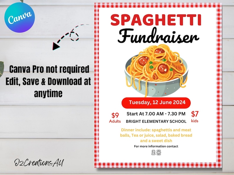 Editable Spaghetti Dinner Fundraiser Flyer Ticket, Pasta PTA PTO School ...