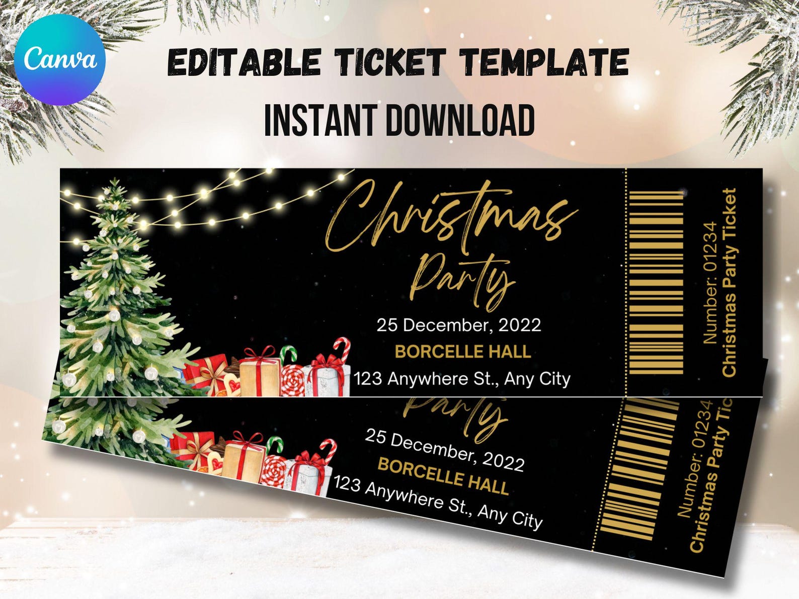 Christmas Party Ticket Template: Editable Gift Voucher (instant ...