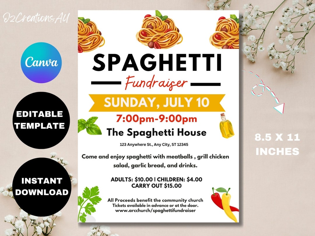 Editable Spaghetti Dinner Fundraiser Flyer Ticket, Pasta PTA PTO School ...
