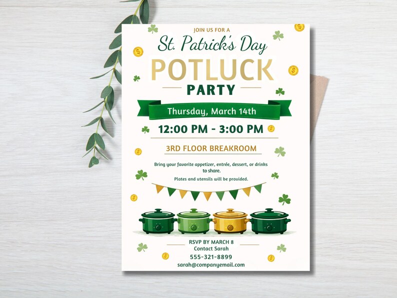 Editable St Patricks Day Potluck Invite Canva Template for Irish Work ...