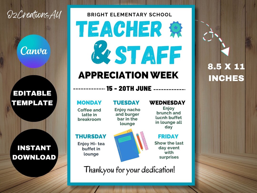 Editable Teacher Appreciation Week Itinerary Poster Teachers Staff ...