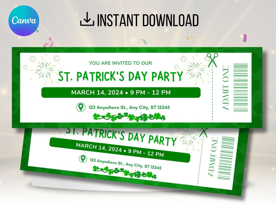 St Patricks Day Party Invite Ticket, Printable Ticket Party Reveal ...