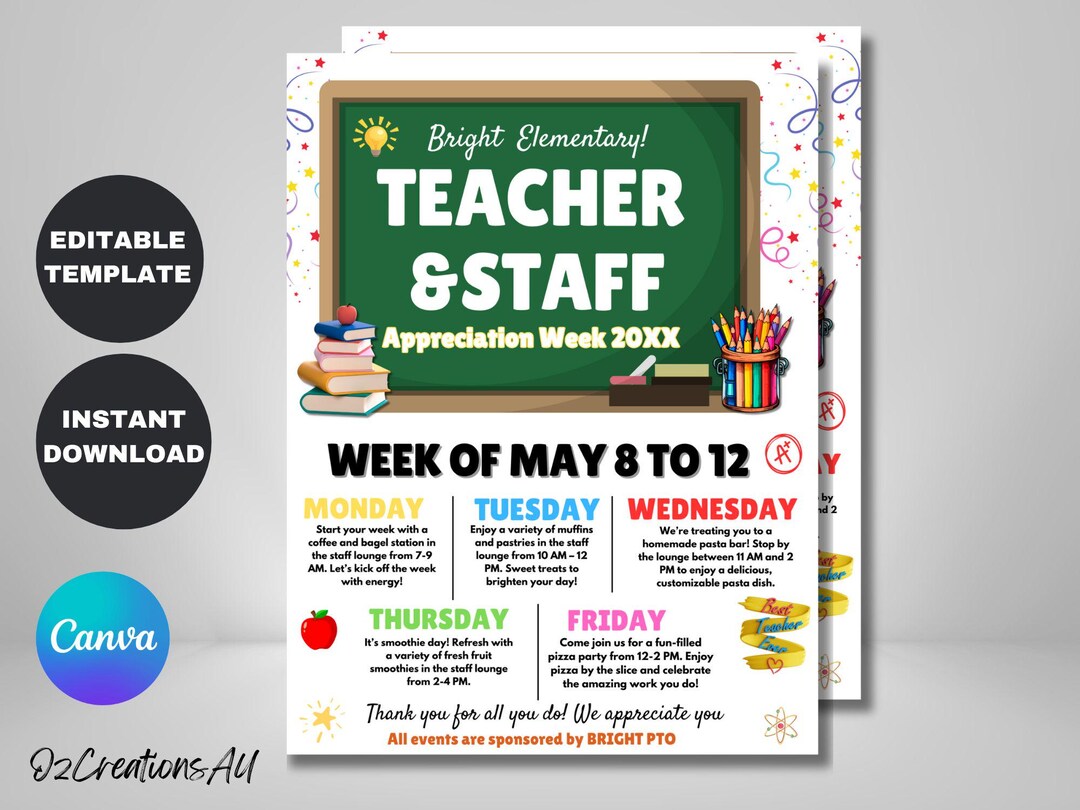 Teachers & Staff Appreciation Week Event Flyer, Schedule Itinerary, PTO ...