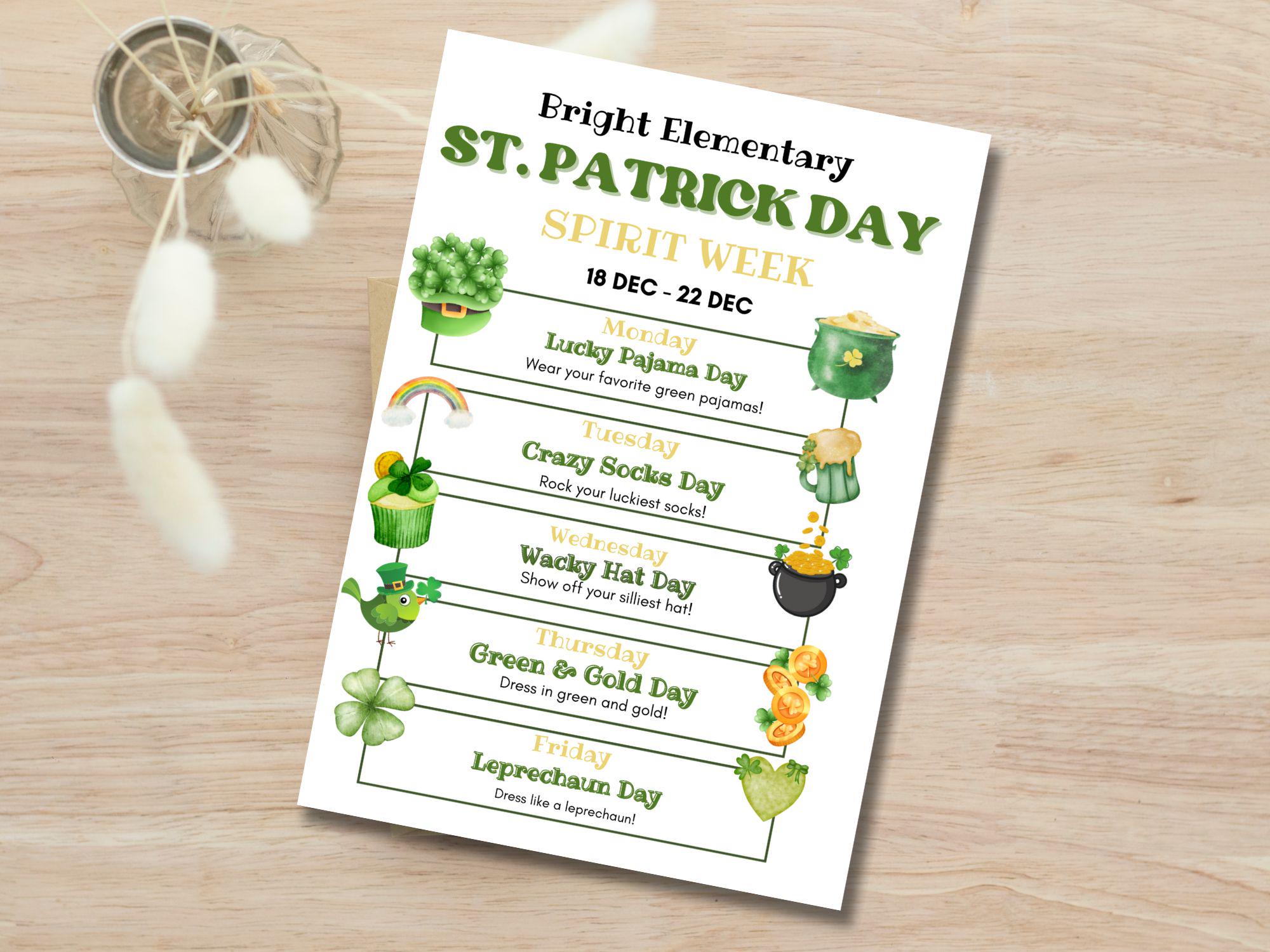 St. Patrick’s Spirit Week Flyer, March PTO Schedule, St. Patty’s PTA ...