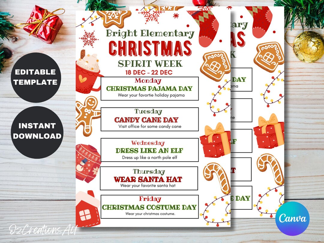 Customizable Holiday School Spirit Week Flyer, PTO Schedule, December ...