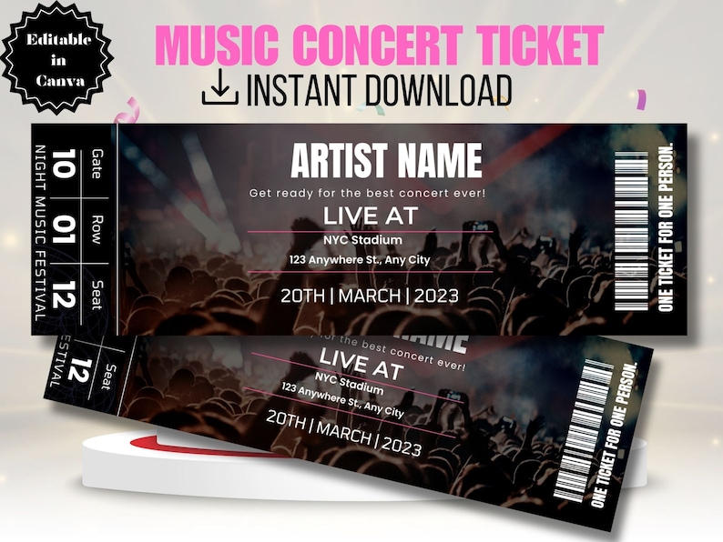 Editable Concert Ticket Template, Custom Concert Ticket Gift, DIY Event ...