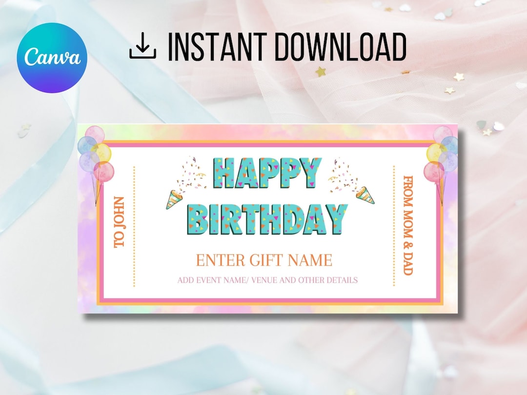Happy Birthday Custom Gift Voucher Template, Printable Birthday Gift ...