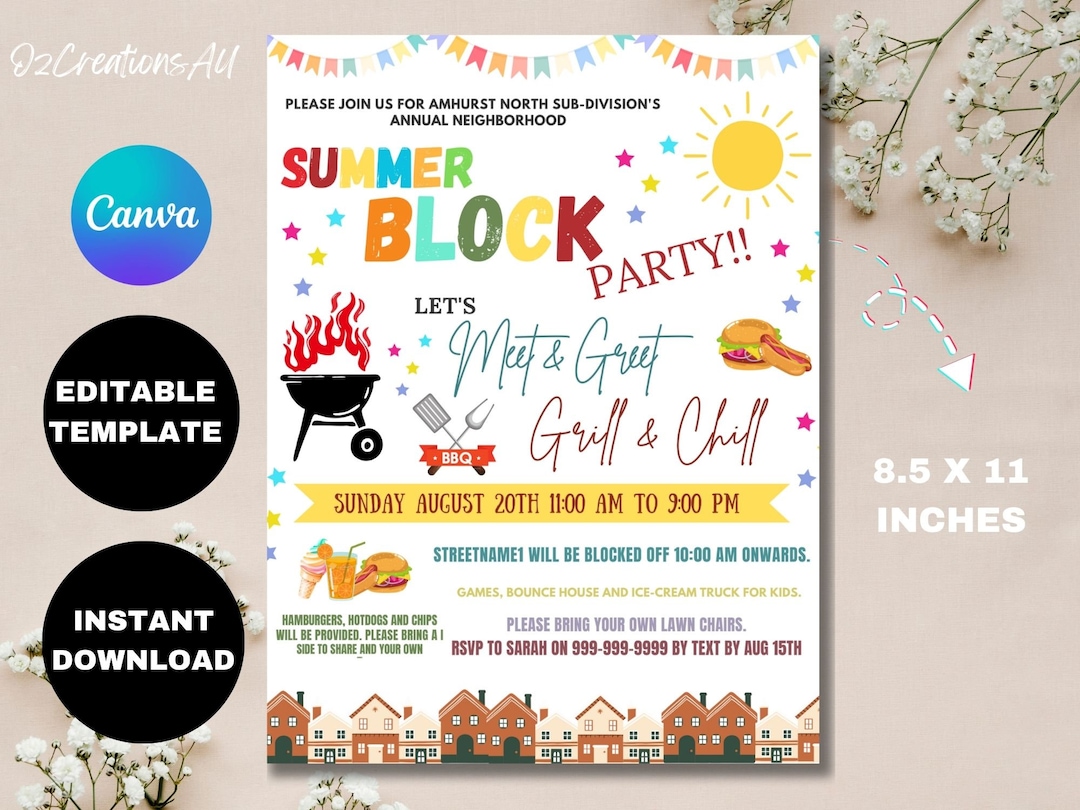EDITABLE Neighborhood Block Party Invitation, Bbq Picnic Summer Party ...
