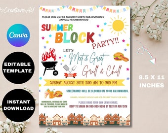 EDITABLE Block Party Invitation, Neighborhood Bbq Picnic Summer Party ...