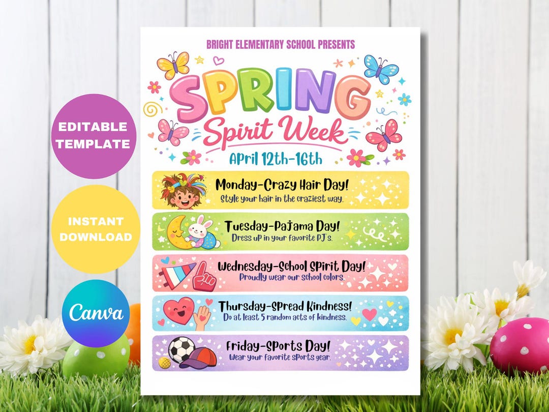 Spring Spirit Week Flyer Template, School Spirit Week Poster, Printable ...